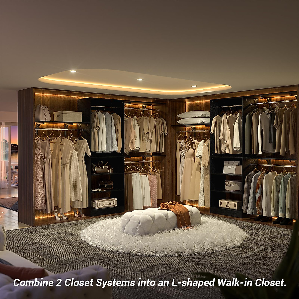 Armocity 96'' Closet System, 8FT Walk In Closet Organizer with 3 Shelving Towers, Heavy Duty Bedroom Wardrobe with 5 Shelves, Wall Mounted Clothes Rack (Can Be Cut To Fit), 96"L x 16"W x 75"H, Black