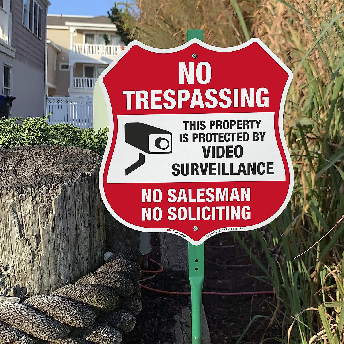 SmartSign 12 x 11.5 inch “No Trespassing - Property Protected By Video Surveillance, No Soliciting” Yard Sign with 3 foot Stake, 40 mil Laminated Rustproof Aluminum, Red, Black and White, Set of 1