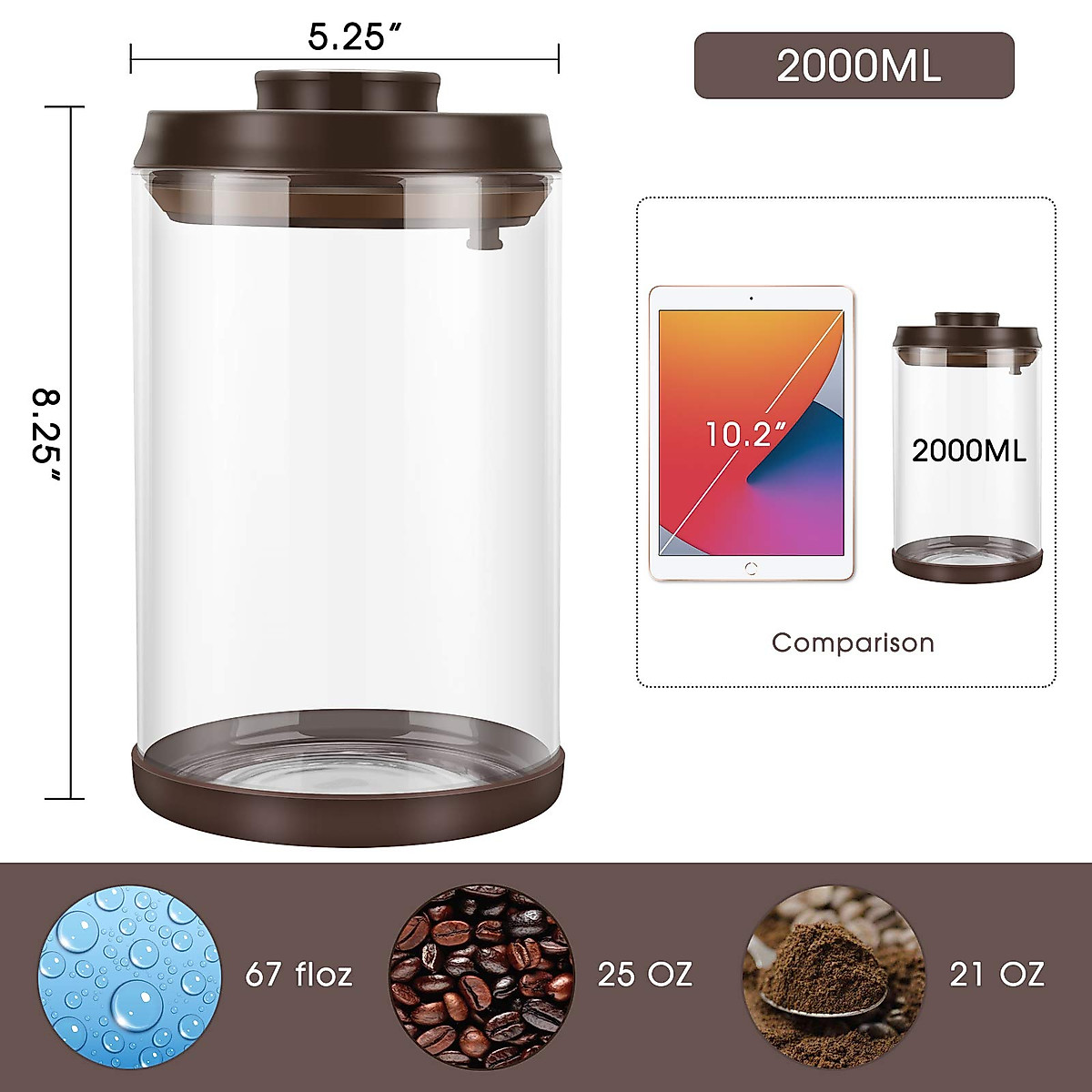 Coffee canister,Airtight Storage Coffee Beans Container,Large Glass Jar with One Way Co2-Release Valve,Fresh food container for Beans,Ground coffee,Sugar,Flour,Cookie,Nuts