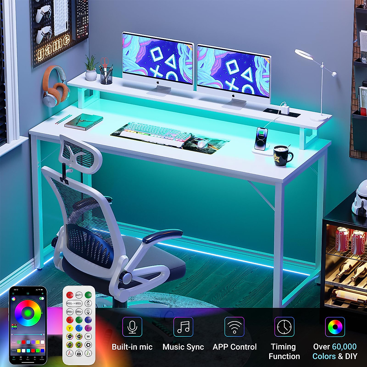 iSunirm 55 inch Computer Desk with Power Outlets, Office Desk Gaming Desk with LED Lights, Home Office Desk with Monitor Shelf, Modern Work Desk Study Writing Table for Bedroom, Pure White