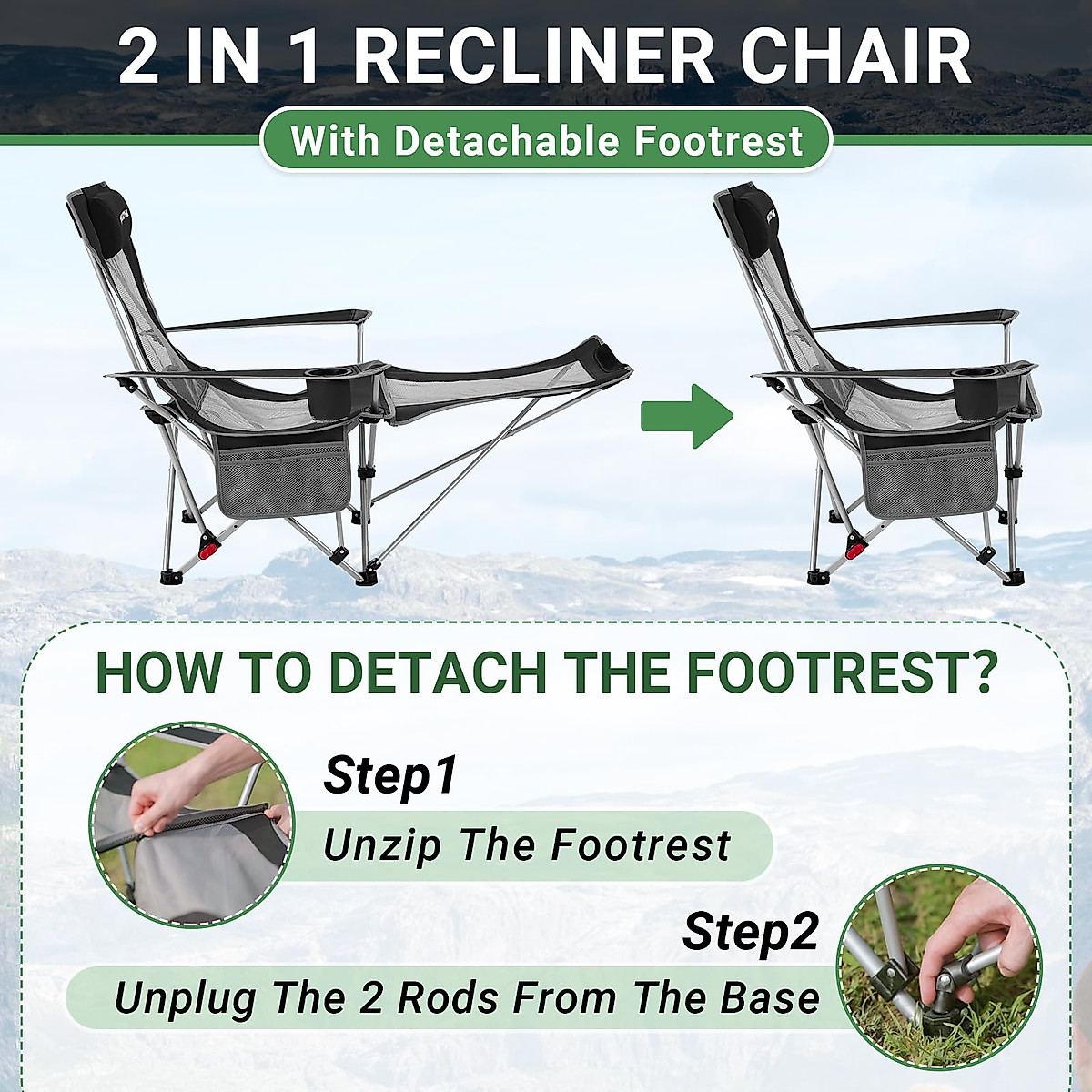 #WEJOY 2-in-1 Reclining Camping Chair with Removable Umbrella Lightweight Folding Camping Chair with Adjustable Backrest & Footrest Portable Patio Lounge Chair with Headrest, Cup Holder for Outdoor