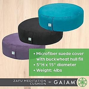 Gaiam Zafu Yoga Meditation Cushion - Ergonomic Buckwheat Hull Floor Pillow for Posture Support, Tailored Comfort with Adjustable Filling, Carry Handle, Versatile for Pilates and Relaxation - Black