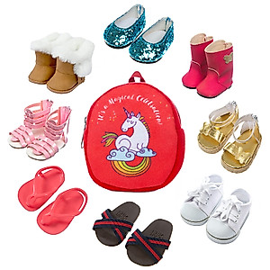 BDDOLL 9 Sets 18 Inch Doll Shoes Accessories fit 18 Inch Girl Doll and Other 18 Inch Doll Including 8 Pairs Shoes with Unicorn Backpack