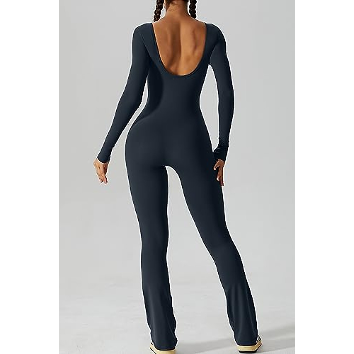 QINSEN Plus Size Jumpsuit for Womens Sexy Open Back Flared Bottom Pants Romper Navy XL