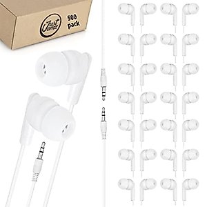 JustJamz Earbuds 500 Pack | Best Bulk Earbuds, Pearl White in Ear Buds, Disposable Earphones, Classroom Headphones Set, Wired Earphones Perfect for Kids, Laptop, Chromebook, Phones | School Ear Buds