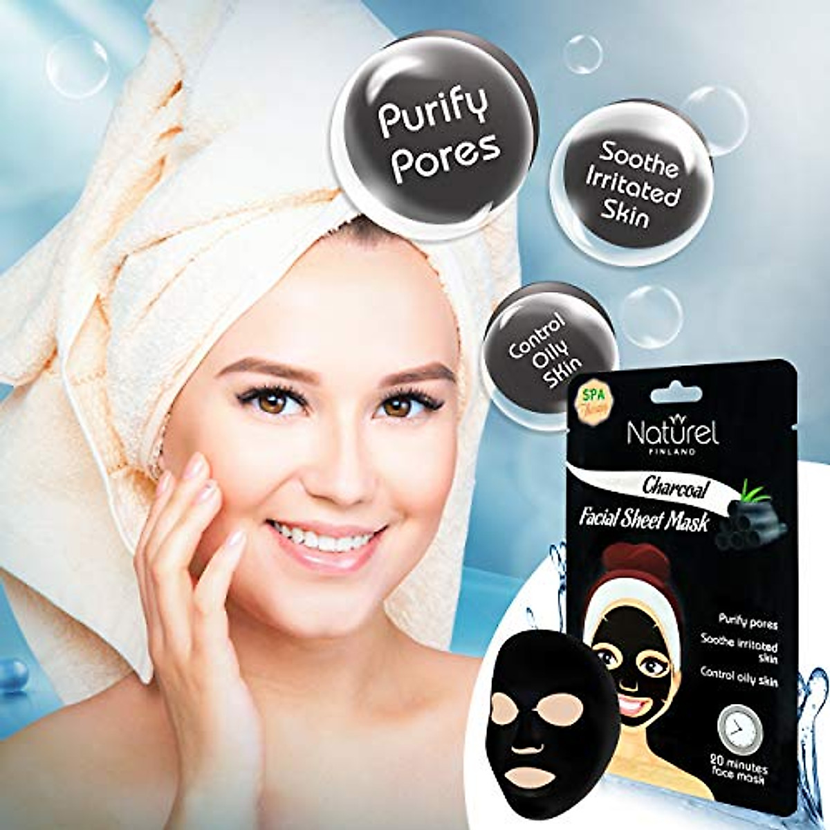 Korean Face Mask Sheet Charcoal Black Facial Mask for Oily Skin and Pores 6 pack