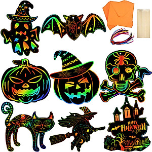 Skylety 24 Pcs Halloween Scratch Craft Art Kit, Rainbow Colorful Scratch Paper Card Pumpkin Jack Witch Shape with Ribbons Wooden Scratch Tools and Envelopes for Halloween Theme Party Home Decorations