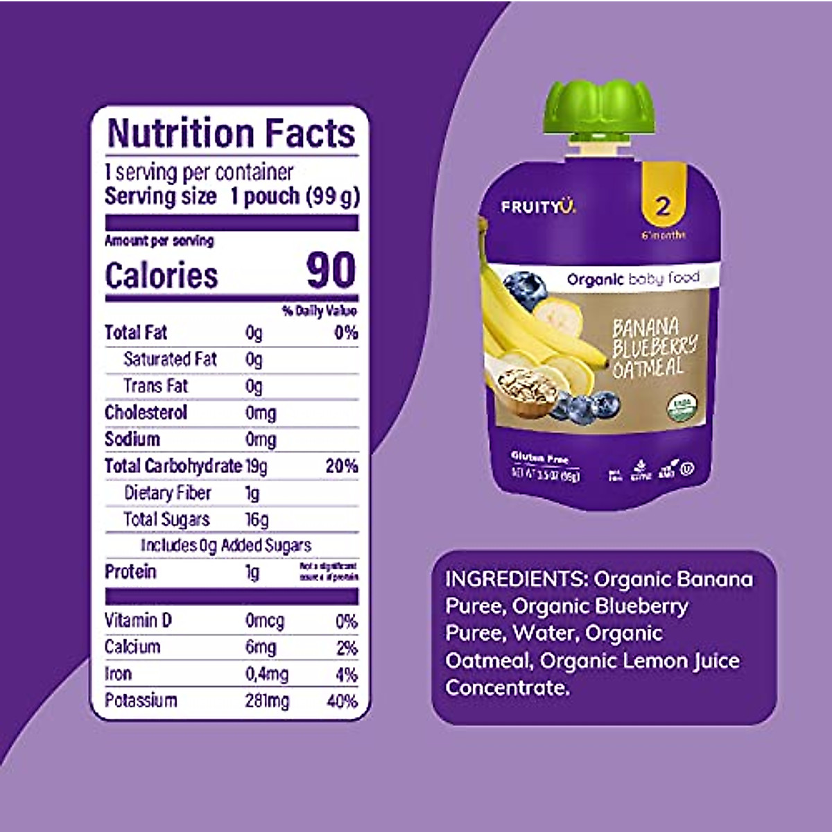 FruityU Organics Baby Food Stage 2 Variety Pack - Banana Blueberry Oatmeal, Apple Mango Spinach, Apple Cherry 3.5 ounce pouch (Pack of 12)