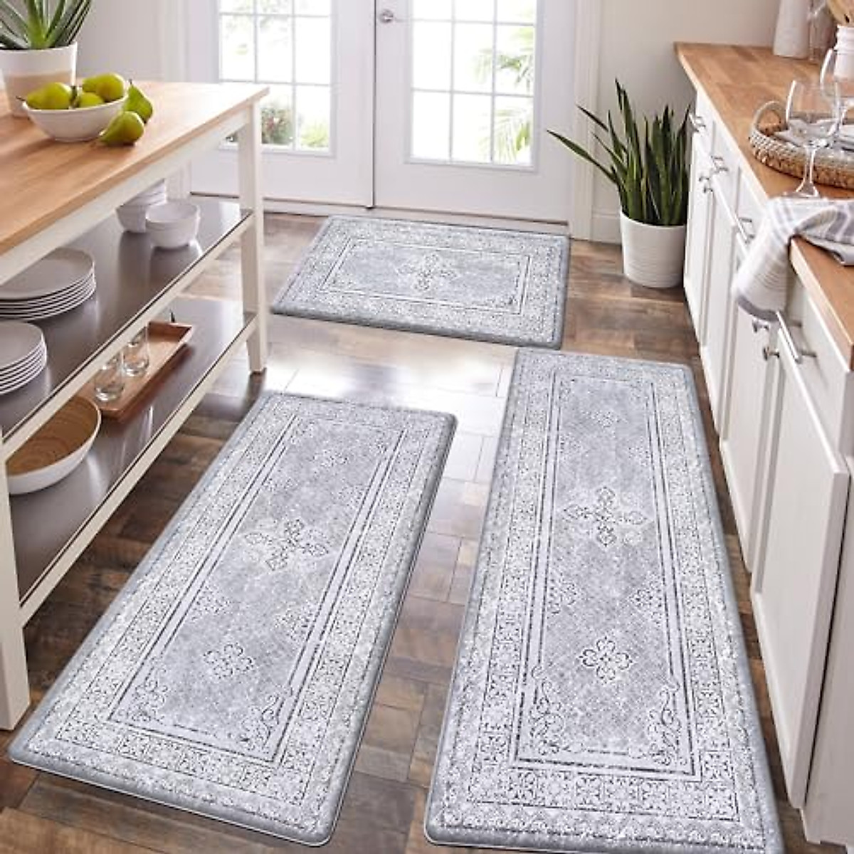 ASPMIZ 3 Pieces Kitchen Mats Cushioned Anti Fatigue, Waterproof PVC Runner Rug Kitchen Memory Foam Rugs Non Slip Kitchen Mats for Floor, Alfombras para Cocina, 18'' x 30'' + 18'' x 48'' + 18'' x 60''