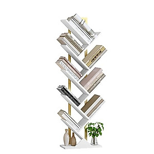 Yusong Tree Bookshelf, Geometric Bookcase with Steel Pipe for Living Room Bedroom, Floor Standing Books Shelves for Home Office (White, 9 Tier)