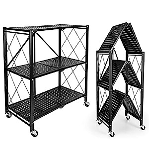 HealSmart 3-Tier Foldable Metal Heavy Duty Storage Shelving Unit with Wheels, Organizer Shelves for Garage Kitchen Holds up to 750 lbs Capacity, Black
