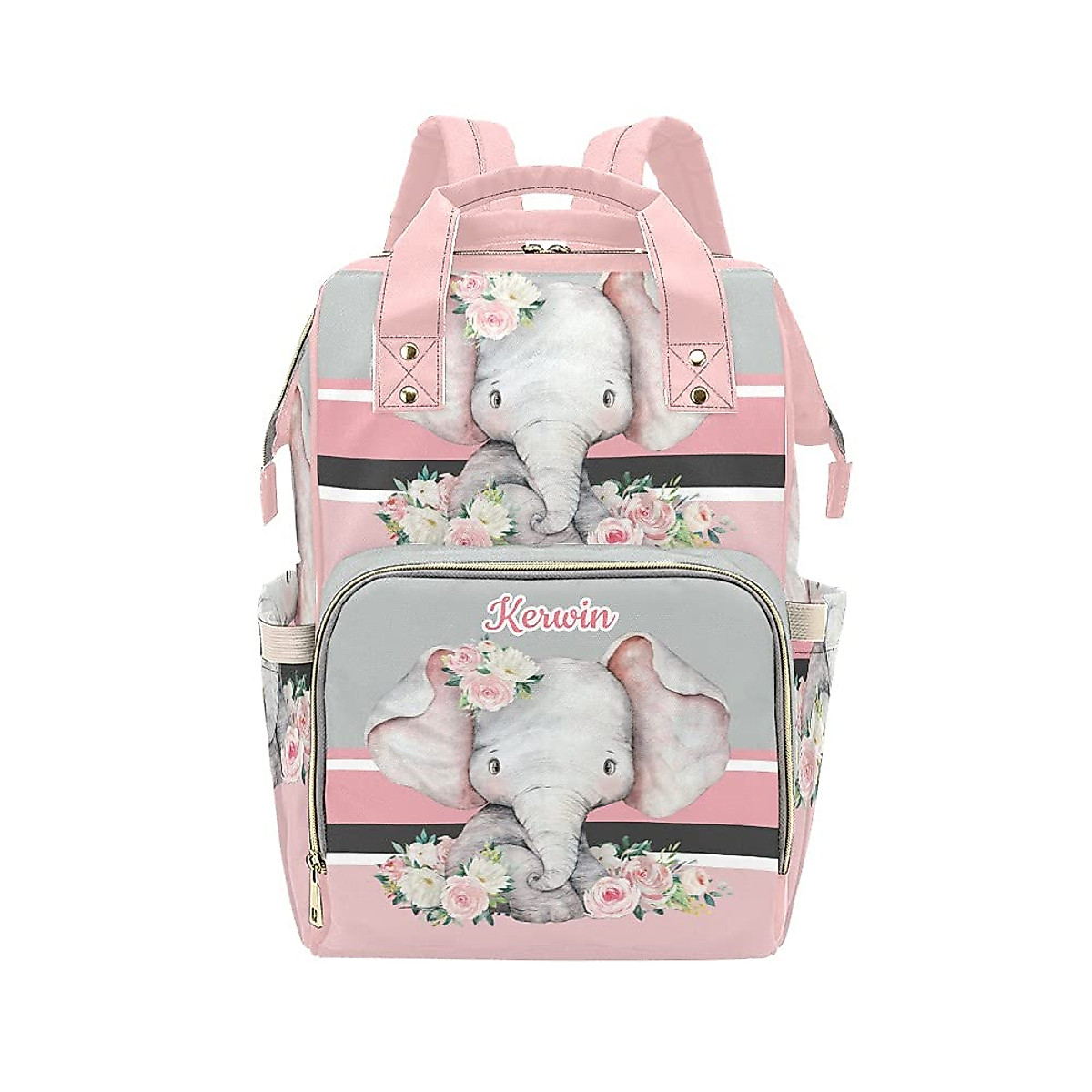 Grandkli Grey Pink Floral Elephant Personalized Diaper Bag Multi-Function Backpack Nappy Bag Travel DayPack for Unisex, One Size