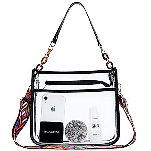 KKXIU Fashion Clear Crossbody Purse for Women and Teen Girls Stadium Approved PU Leather Concert Bag with Adjustable Strap (Black)