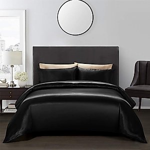 AiMay 3 Piece Satin Duvet Cover Set Bedding Sets Queen Black 1800 Series Luxury Rich Silk Silky Super Soft Solid Color Reversible Zipper Closure Sexy Honeymoon Wrinkle Free (Queen, Black)