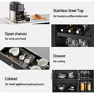 Yaheetech Kitchen Cart with Stainless Steel Top and Storage Cabinet, Kitchen Island on Wheels with Drawer & Open Shelves & Wine Rack & Spice Rack, 18" D x 51" W x 36" H, Black