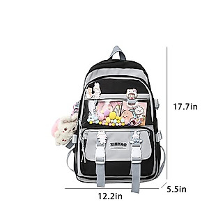 vfdgsaz Cute Kawaii Backpack with cute card plush pendant,Lovely Pastel Rucksack,Aesthetic backpack for girls and teens (black,one size)