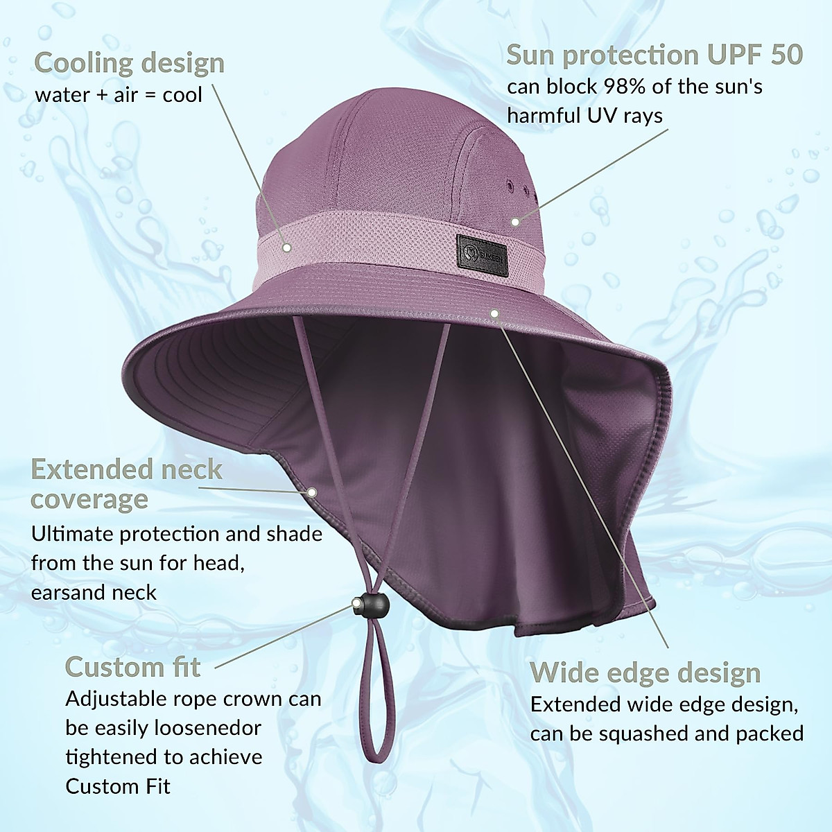 Sukeen Cooling Sun Hat for Men Women UPF50+ Wide Brim Fishing Hat with Neck Flap Adjustable Foldable Bucket Hat for Hiking Purple