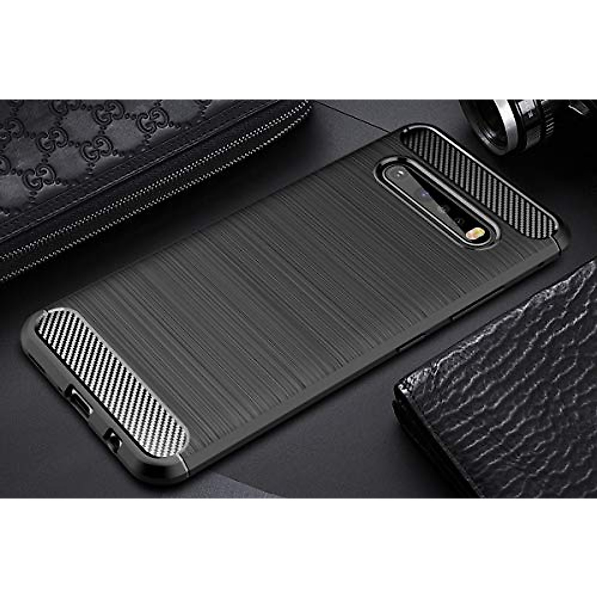Grandcaser Case for LG V60 ThinQ 5G Ultra Slim Carbon Fiber TPU Soft Anti-Scratch Shockproof Protection Cover for LG V60 ThinQ 5G 6.8" -Black