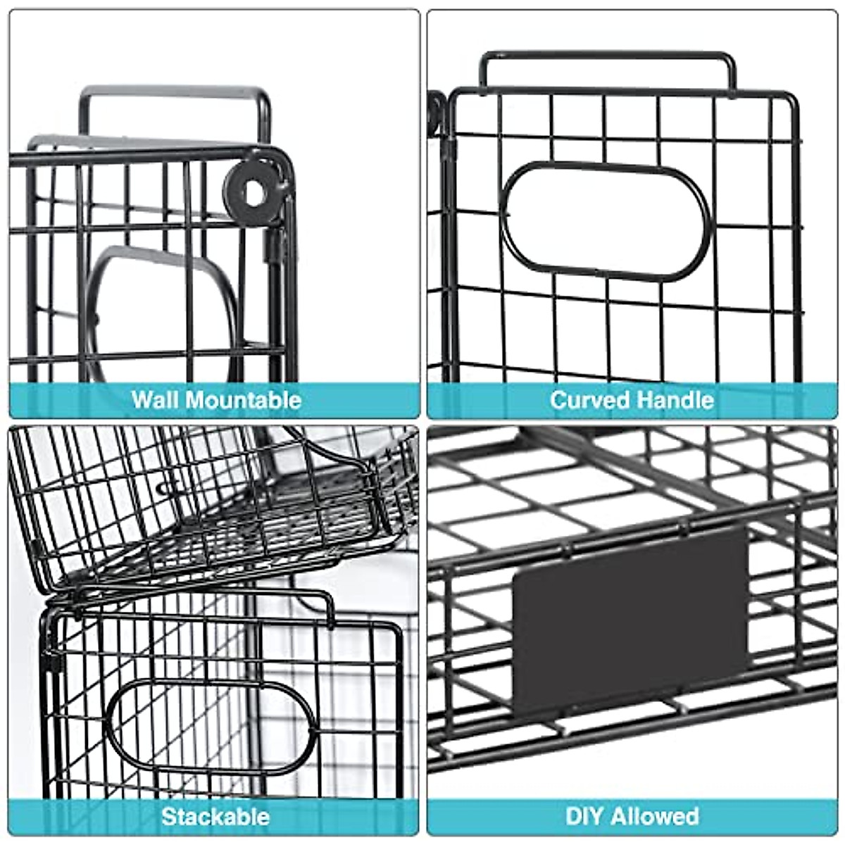 2 Tier Stackable Kids Book Organizer, Hanging Metal Bookshelf with Adjustable Dividers, Wall Floating Book Storage for Kids, Toddler, Nursery Room Decor, Black