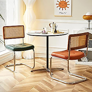 QQXX Rattan Dining Chairs Set of 2,Mid Century Modern Kitchen & Dining Room Chair with Cane Backrest,Comfy Leather Upholstered Accent Desk Chair with Metal Legs(23.83" D x 16.35" W x 34.07" H, Black)