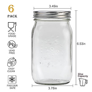 Flrolove Mason Jars,32 OZ Canning Jars with Lids,Glass Jars with Airtight Lid,Mouth Mason Jars 6 Pack for Food Storage,Overnight Oats,Dry Food,Snacks,Candies,Jam,Honey,Jelly