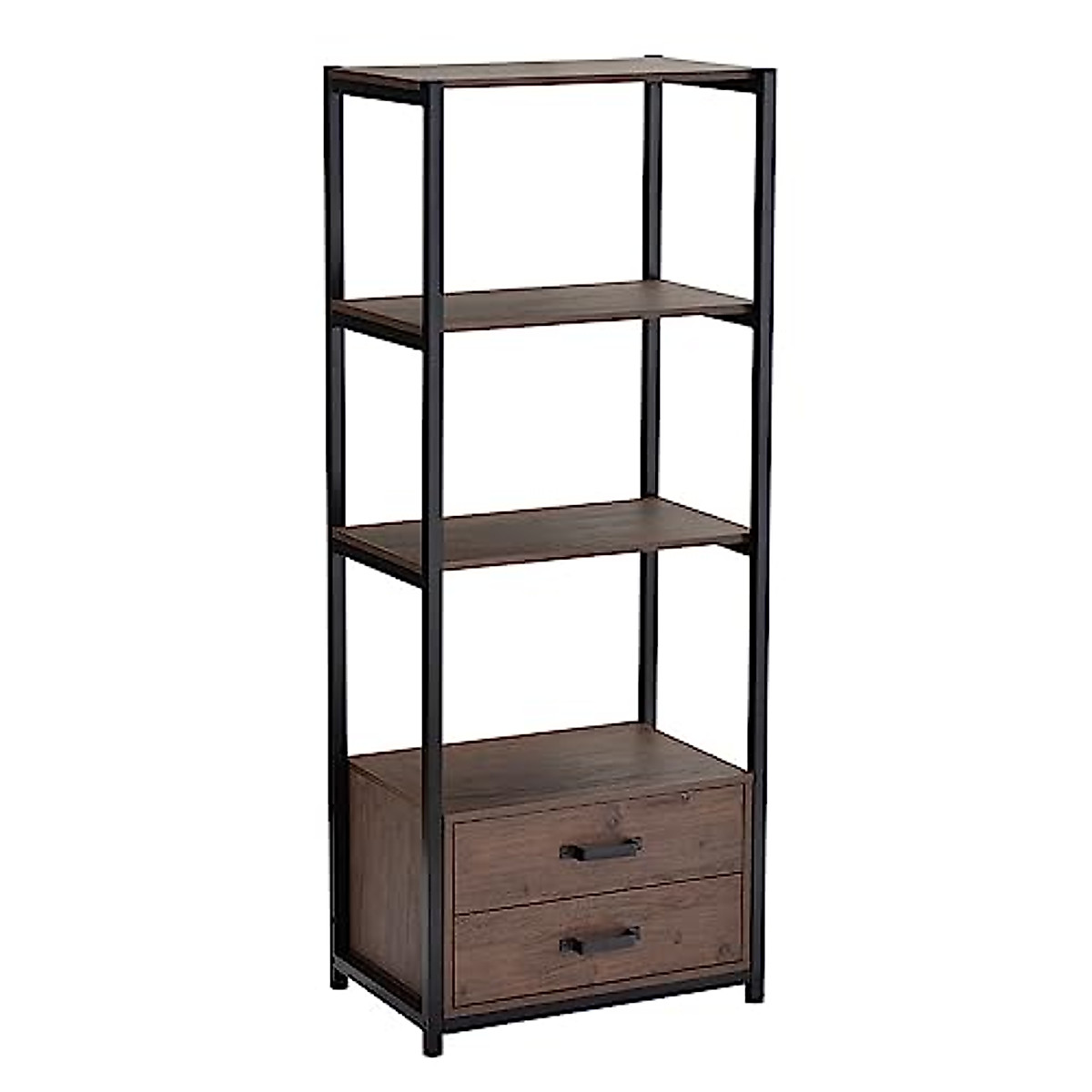 SmallCock 4-Tier Bookshelf, Simple Industrial Bookcase Standing Shelf Unit Storage Organizer with 4 Open Storage Shelves and Two Drawers (Brown)