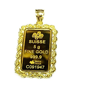 TEX 14k Yellow Gold Bullion Rope Pendant, 5gr Ingot Coin, Approx 1.2g