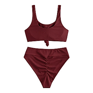 ZAFUL Women Bikini Swimsuit Chest Kink Tank Top Tummy Control High Waisted Two Piece Bathing Suits Wine Red S