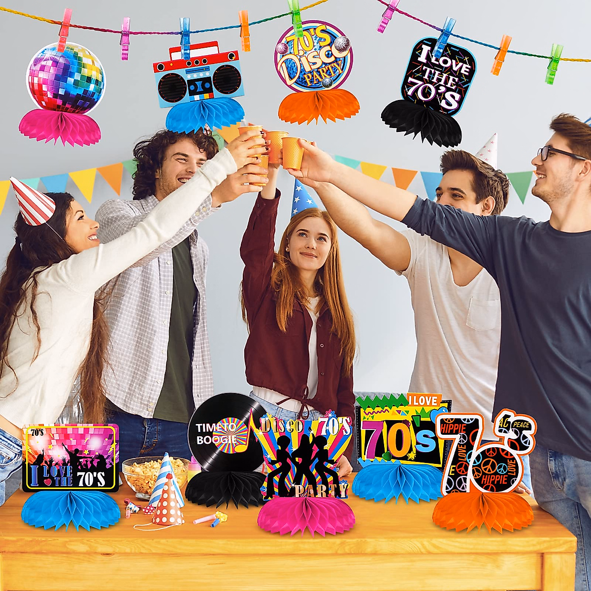 Colorful 70s Party Decorations - 9 Pcs Retro Centerpieces