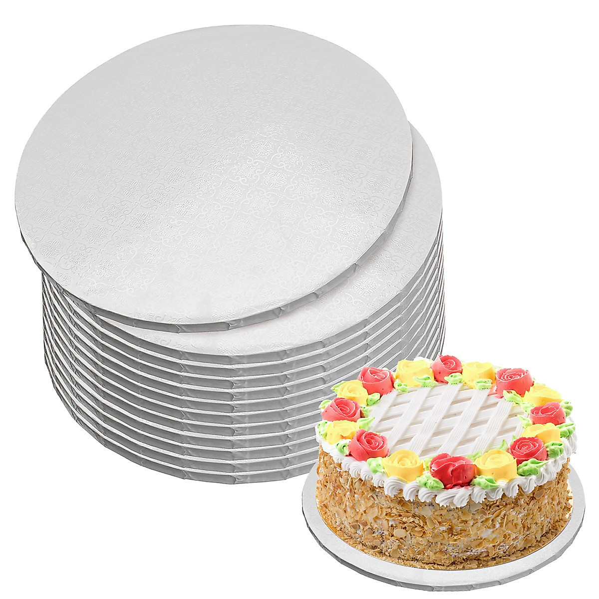 Spec101 Round Cake Drums, 10 Inch - 12pk White Cake Drum Boards with 1/2-Inch Thick Wrapped-Edges