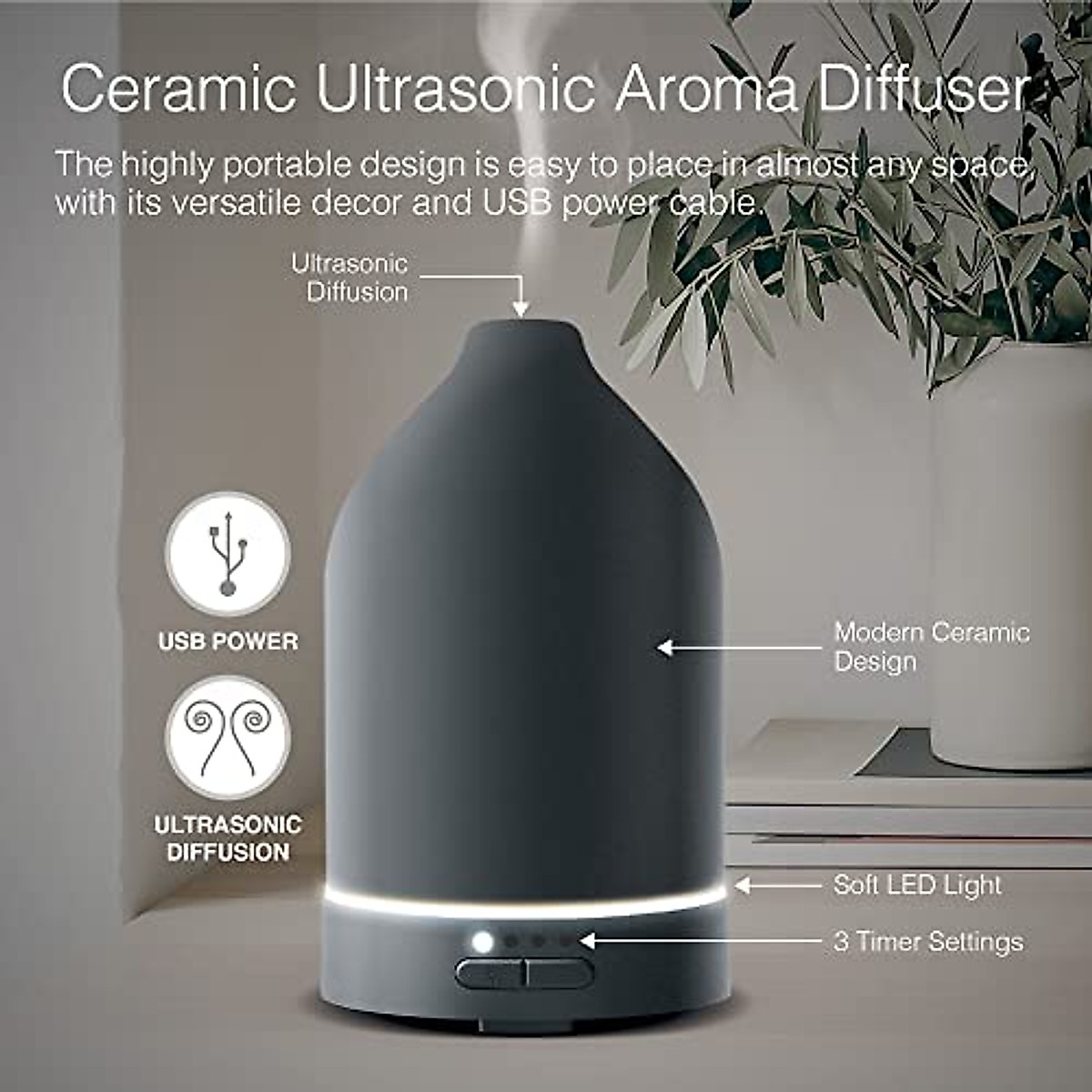Brookstone Essential Oil Ceramic Diffuser, Ripple Ultrasonic Aromatherapy and Relaxation 60ml Oils Diffuser, Cool Air Mist Humidifier, Relaxing Fragrant Environment, for Any Room in Home or Office