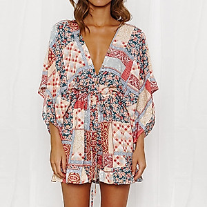 Bravetoshop Women's Boho Floral Print Romper Sexy Deep V Neck Batwing Sleeve Drawstring Waist Short Jumpsuits (Pink,XL)