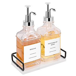 BathAce Coffee Syrup Dispenser for Coffee Bar, Clear Glass Syrup Bottles with Pump, Refillable Maple Syrup Dispenser, Coffee Bar Accessories and Organizer, 500ml, Set of 2 + Tray (Chrome Finish)