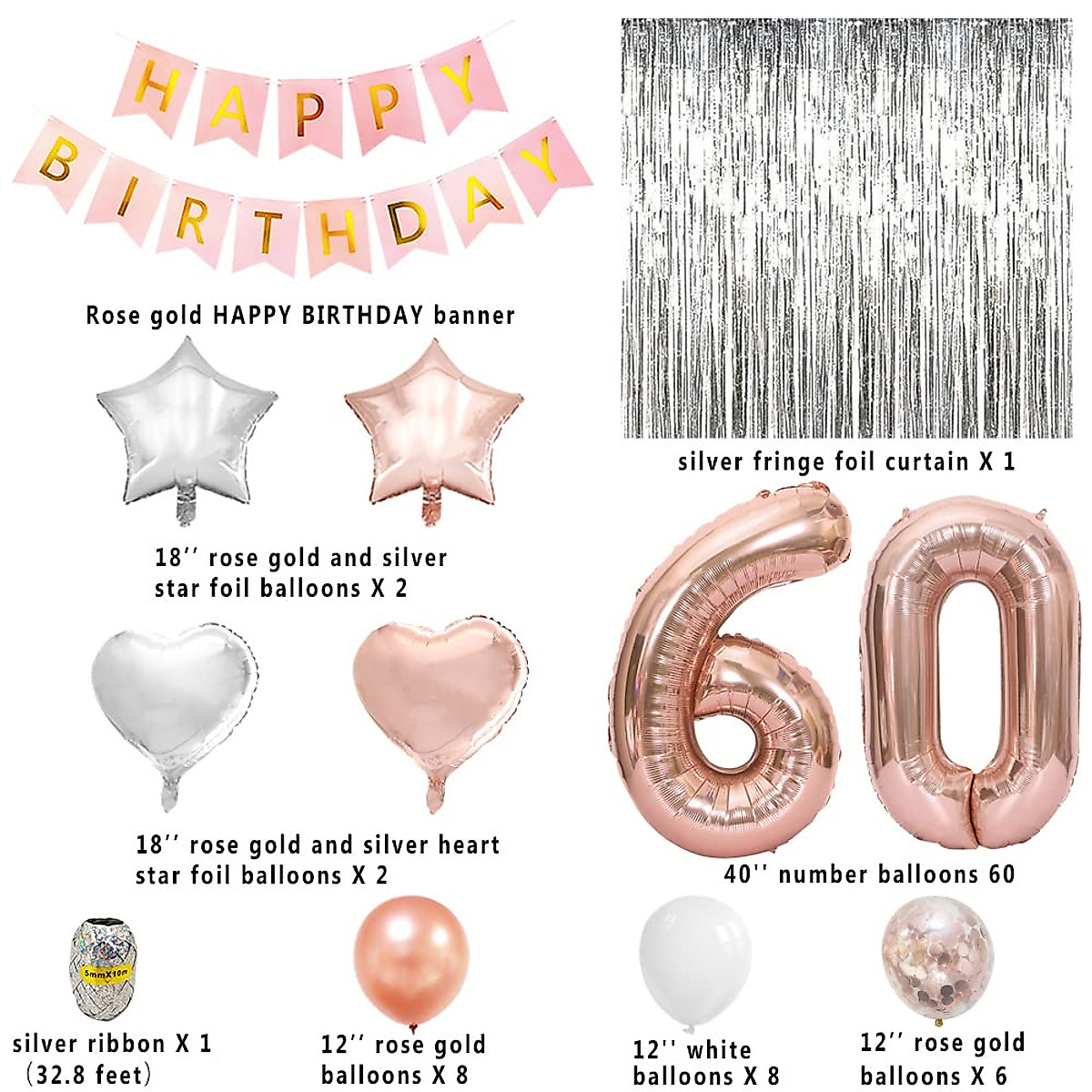 60th Birthday Decorations for Women Rose Gold Happy 60 Birthday Banner 60th Birthday Party Decorations 60 Balloon Numbers