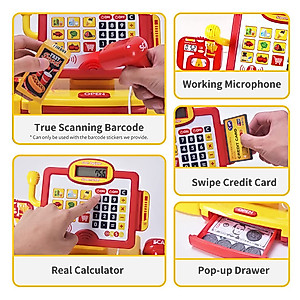 FS Pretend Play Cash Register Toy with True Barcode Scanner & Calculator, Microphone, Play Food, Supermarket Cashier, Great Pre-School Gift Cash Register for Kids Boys & Girls, Ages 3 4 5 6 8