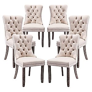 Qtivii Velvet Dining Chairs Set of 6, Tufted Dining Room Chairs with Button Back, Nailhead Trim, Upholstered Dining Chairs for Kitchen, Bedroom, Restaurant (Beige)