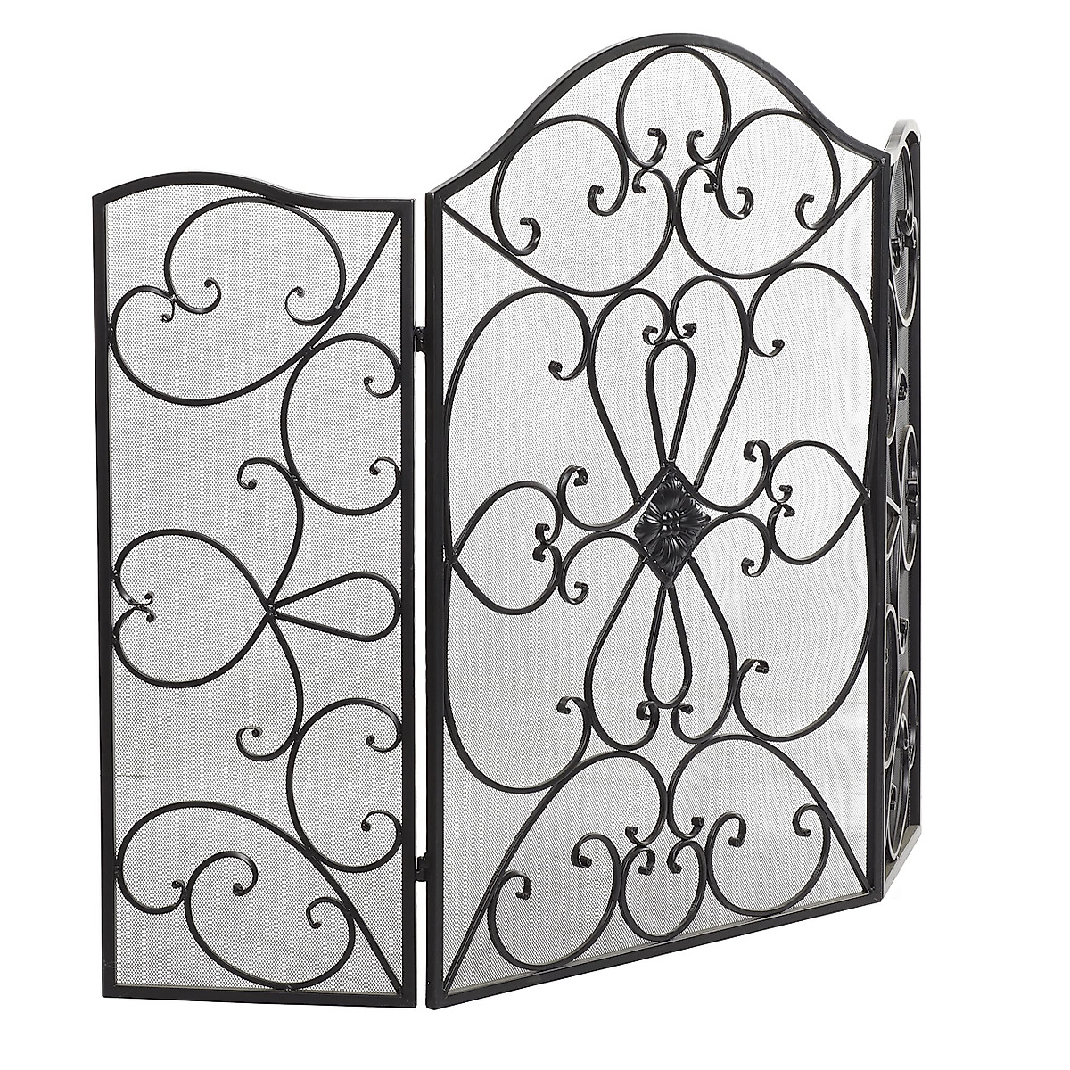 Deco 79 Metal Scroll Foldable 3 Panel Fireplace Screen with Mesh Netting, 49" x 1" x 36", Black