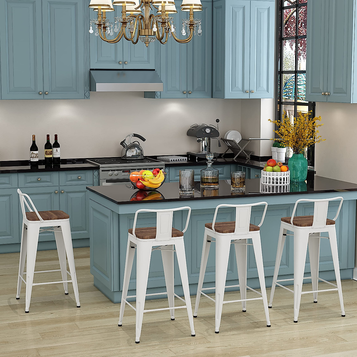 Changjie Furniture 24 Inch Bar Stools Set of 4 Industrial Metal Barstools Counter Height Bar Stool with Backs for Home Kitchen (24 inch, White)