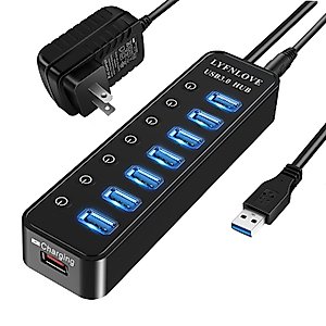 USB Hub 3.0 Powered, LYFNLOVE USB Extender Multiple USB Port USB Hub Splitter for Laptop PC with Power Adapter and 1 Charging Port, USB Expander with On/Off Switches for MacBook, iMac, Surface Pro