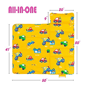 Rossison Nap Mat with Pillow and Blanket 100% Cotton with Microfiber Fill, Padded Sleeping Mat, for Daycare Preschool Toddler Prek Boys Kids (Tractor, Standard-50 x20)