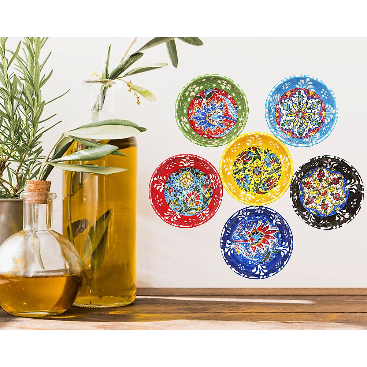 Küchengeräte 6 pcs Hand Painted Turkish Ceramic Snack Bowls 3.35''/8.5cm-74ml/2.5 oz Decorative Ottoman Tulips Design Multi-Purpose Cute Set - Pinch Sauce Dipping Finger Small Serving Bowls