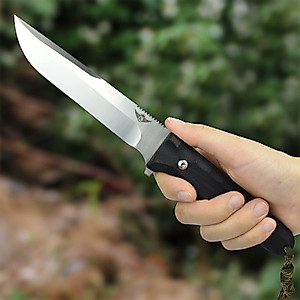 KOMWERO Fixed Blade Knife with Leather Sheath, D2 Steel Full Tang Hunting Knife, Non-Slip G10 Handle, EDC Survival Camping Knife for Outdoor Fishing Hiking
