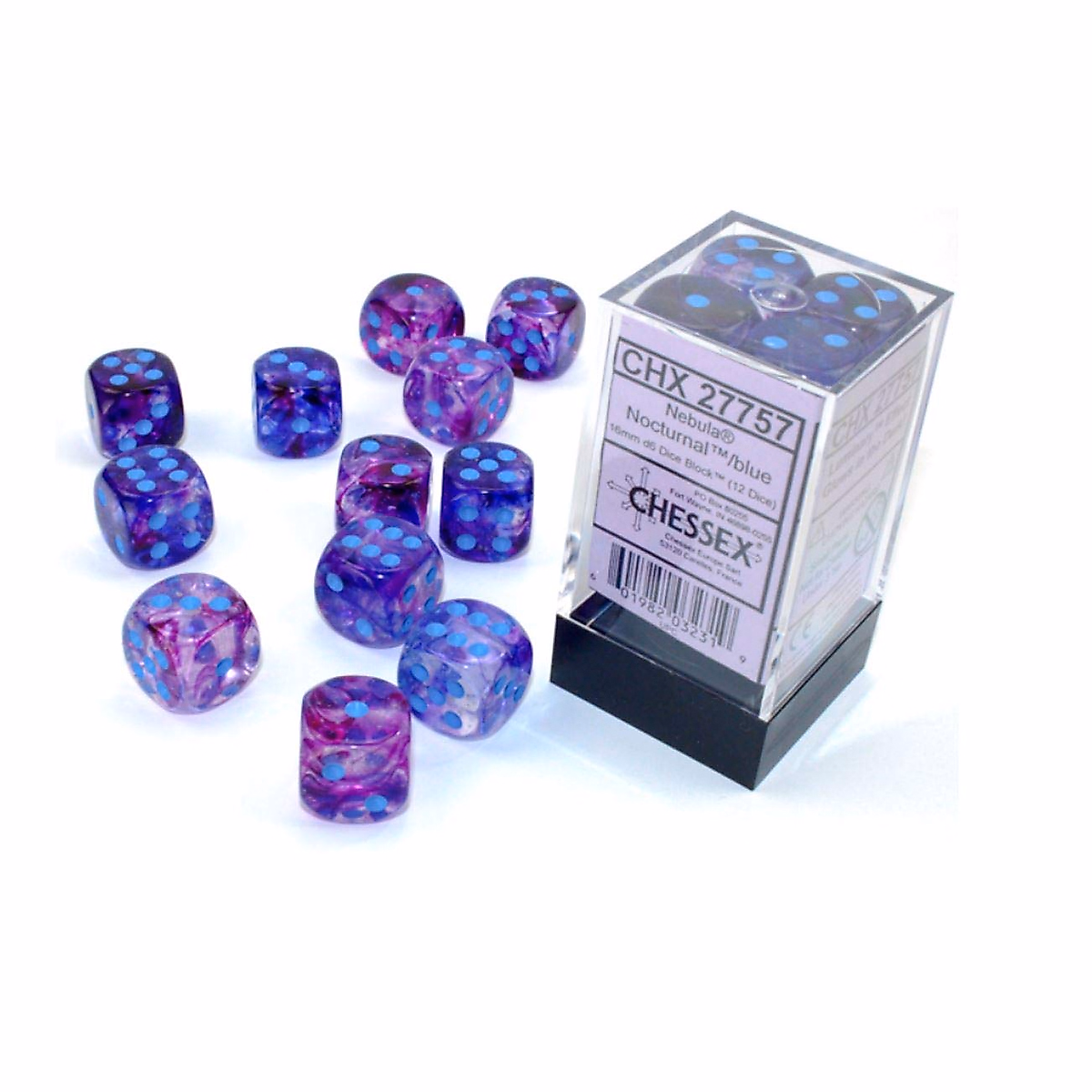 Chessex Nebula Dice Block 16mm d6 Nocturnal with Blue Luminary (12 dice)