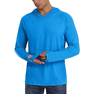 TACVASEN Men's Athletic UV Long Sleeve Durable Shirts with Hoody Running Exercise, Sea Blue, L