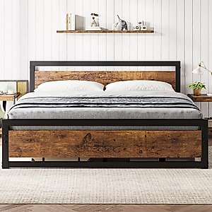 GarveeHome King Size Bed Frame, Industrial King Bed Platform with Headboard No Box Spring Needed, 14 Inch Easy Assemble King Mattress Bedframe, Retro Brown