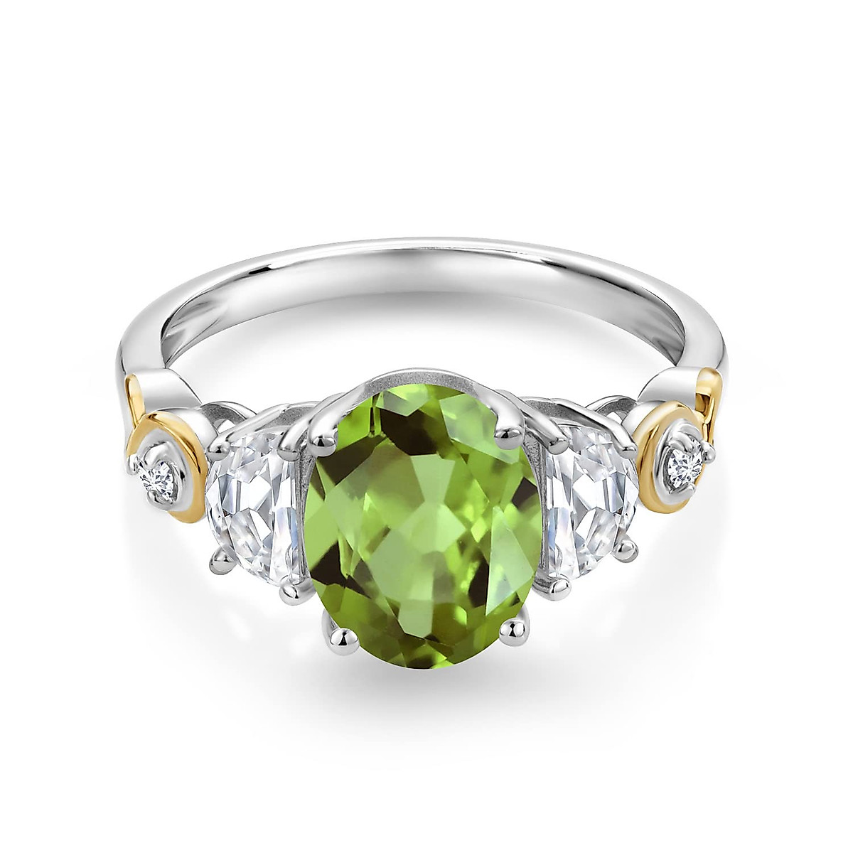 Gem Stone King 925 Silver and 10K Yellow Gold Oval Green Peridot White Moissanite and Lab Grown Diamond 3-Stone Wedding Engagement Ring (2.60 Cttw, Available In Size 5, 6, 7, 8, 9)