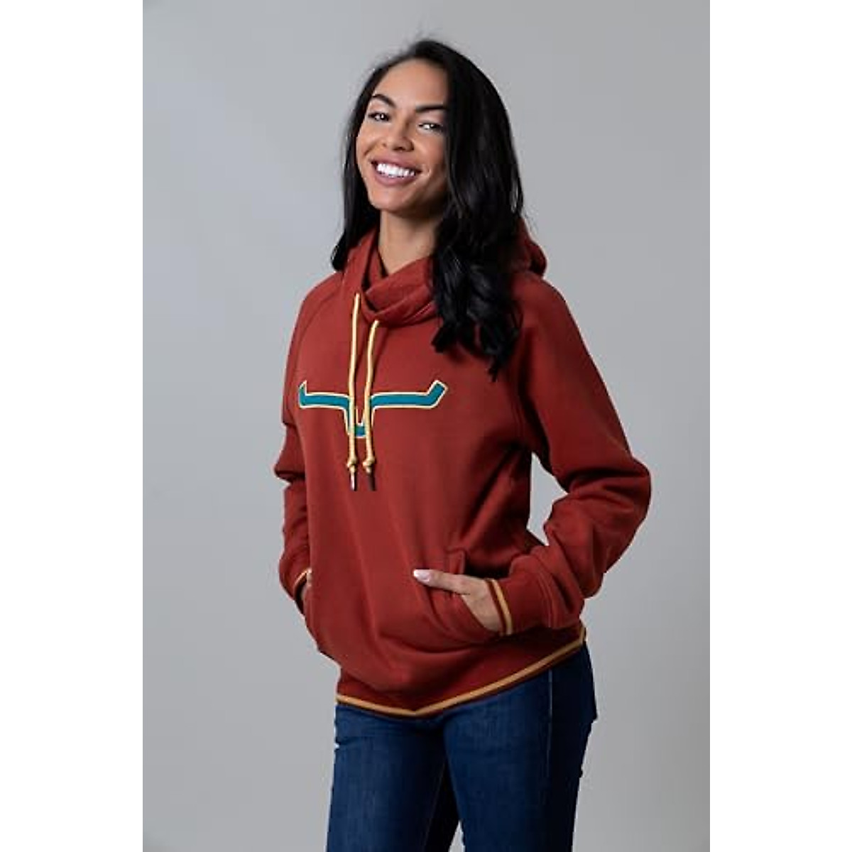 Kimes Ranch Women's Two Scoops Logo Casual Pullover Cowl-Neck Draw-String Long Sleeve Fleece Hoody, Charcoal, Large