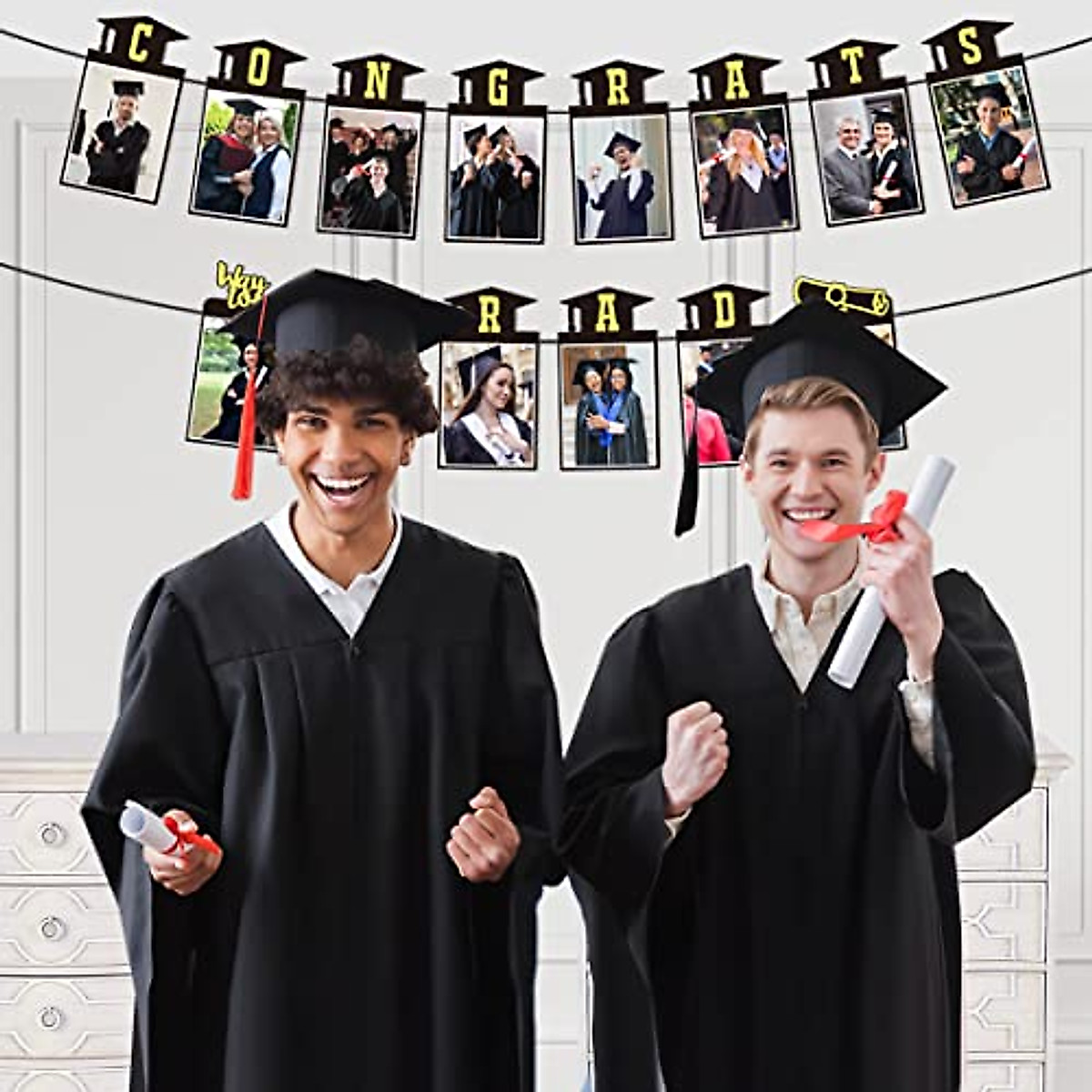 Congrats Grad 2023 Photo Banner, Graduation Decorations for Photo Supplies, Black and Gold Congrats Grad Party Supplies, 14pcs Graduation Hanging Photo Decor Banner for Congratulations Graduation
