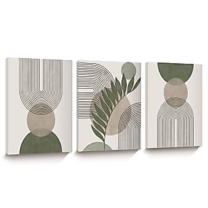 iHery Sage Boho Wall Art, 12x16in Framed Canvas Wall Art Pictures, Mid-Century Modern Wood Framed Abstract Prints for Bedroom,Minimalist wall Decor Bathroom 3Pack