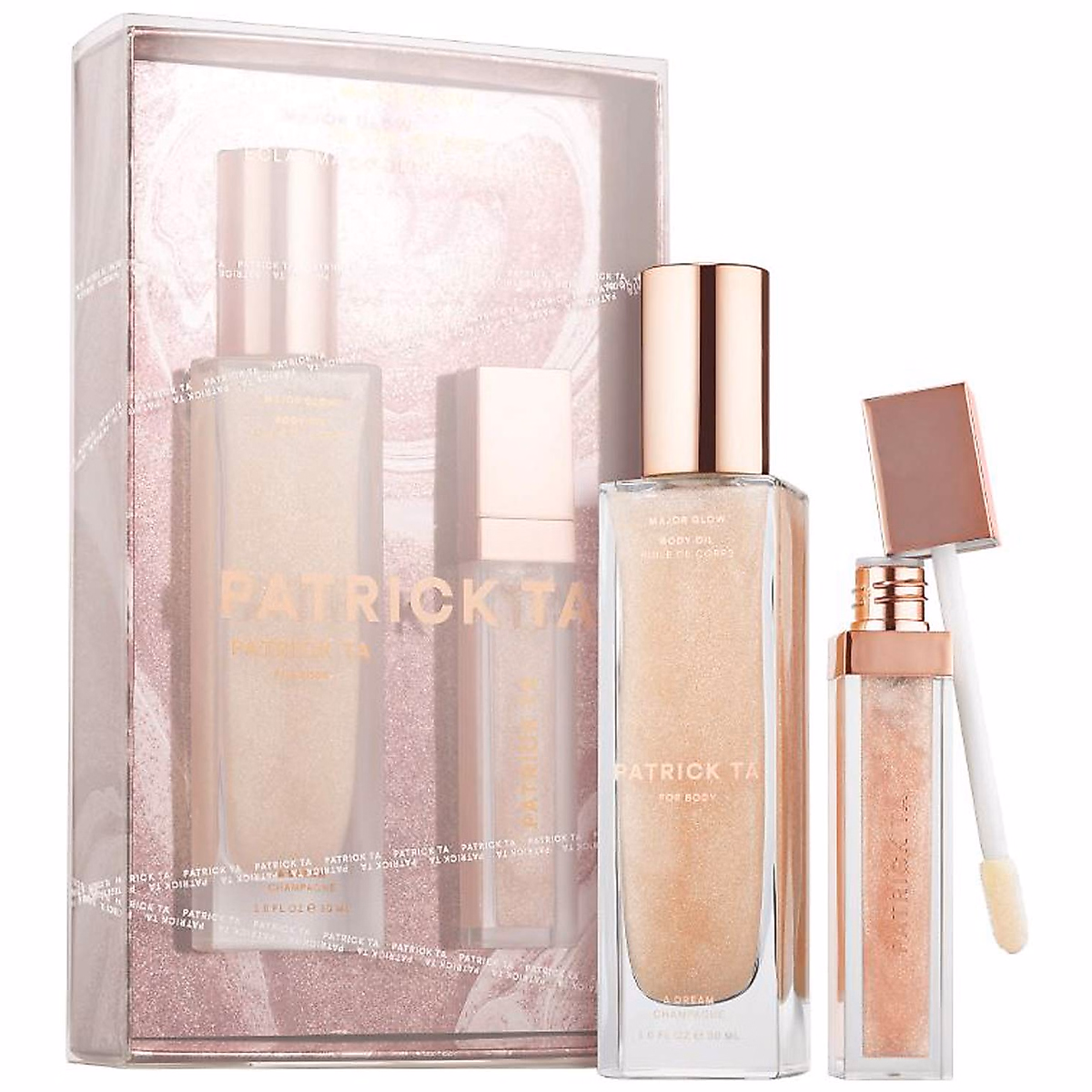 Patrick Ta Major Glow On The Go Kit! Body Oil And Lip Shine! High-Shine Oil Blend Lip Gloss! Shimmering, Nourishing, Multi-Dimensional Glow Body Oil! Parabens Free And Cruelty Free!